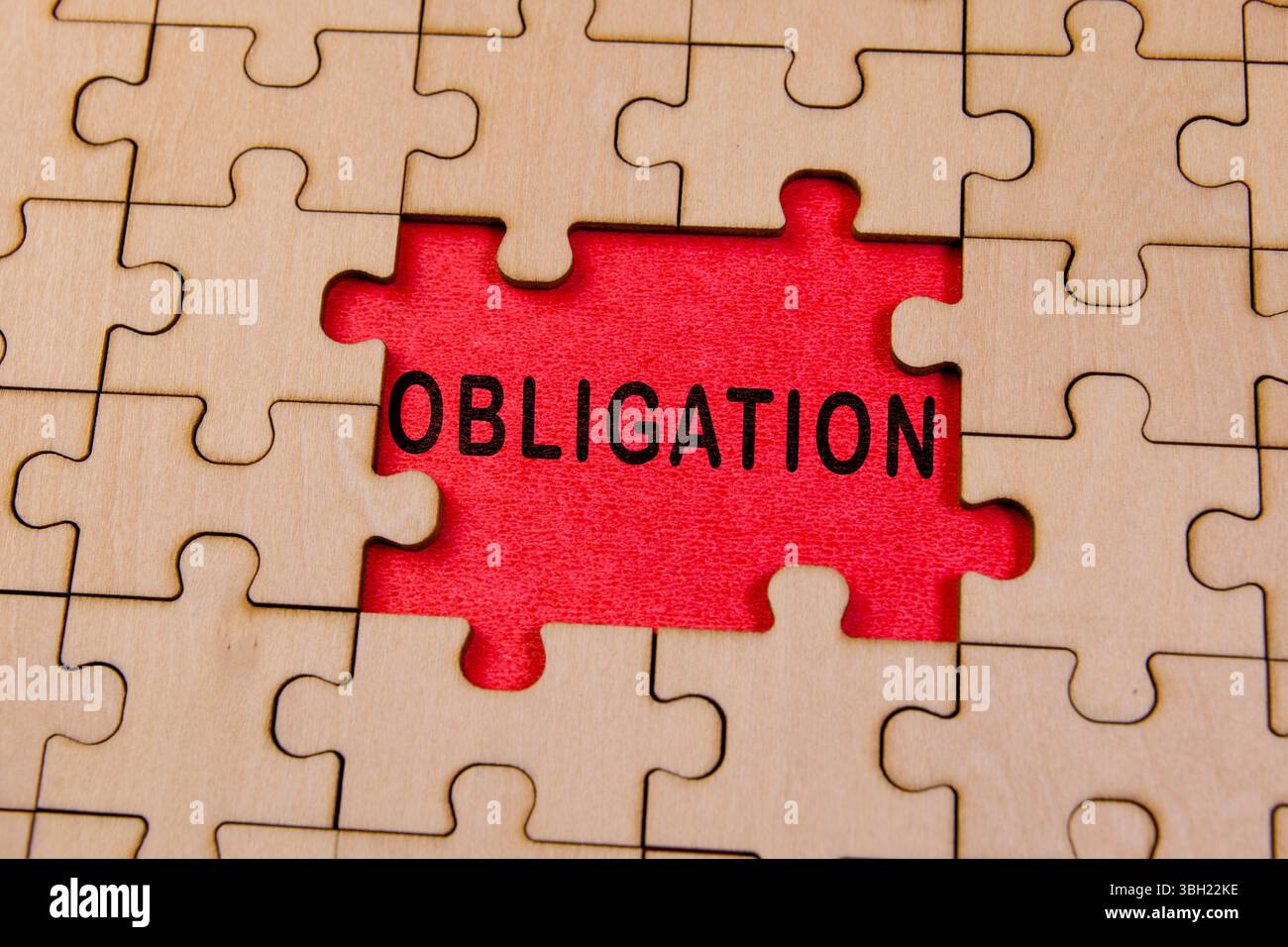 Missing puzzle piece reveals the word obligation on a red background ...