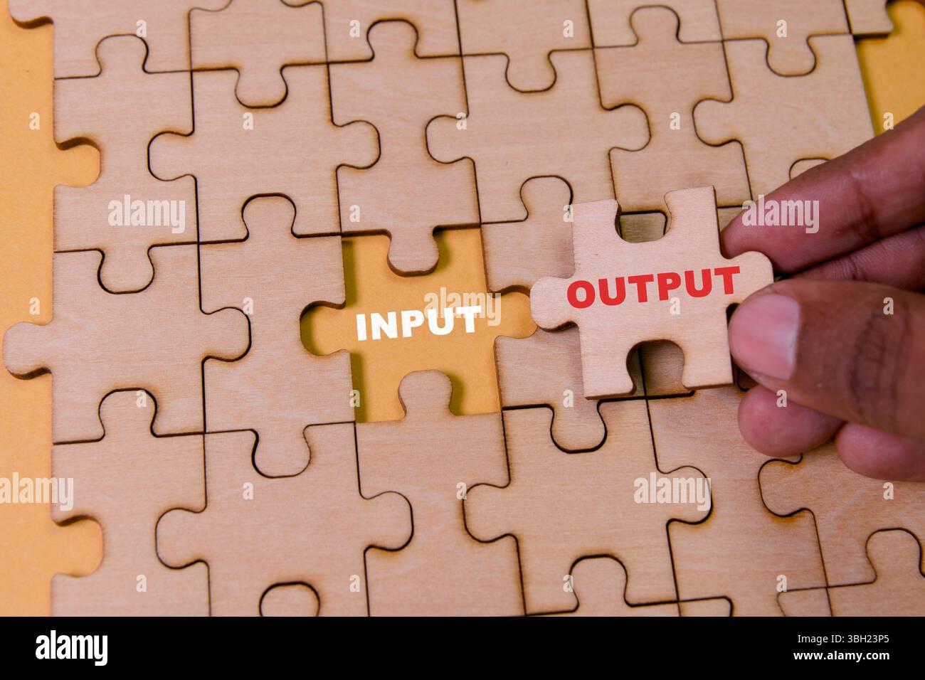 Hand placing a puzzle piece labeled output into an empty space labeled ...