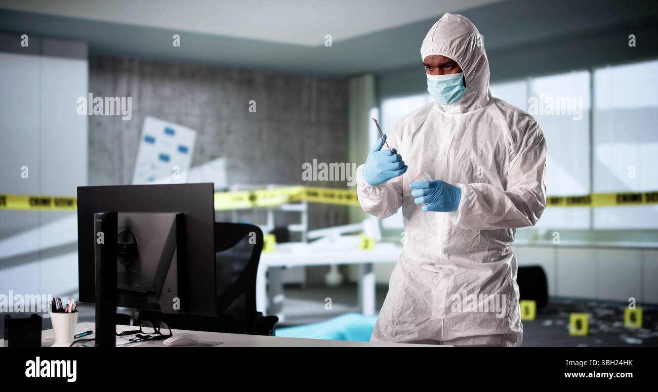 Forensic Investigator Collecting DNA Evidence At Crime Scene For Case ...