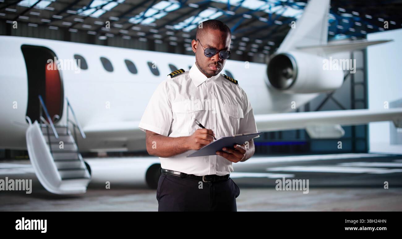 Smiling African American Airline Pilot In Uniform Checks Aircraft ...