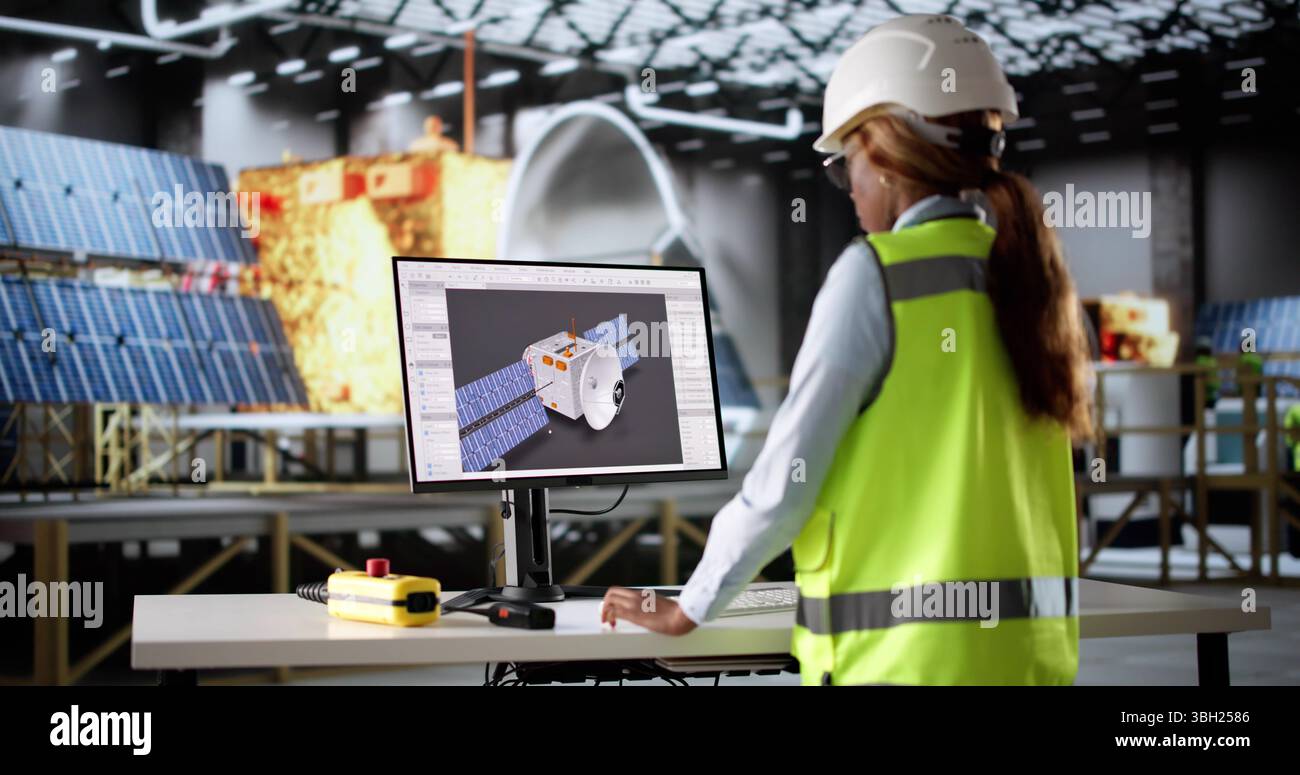 Female Engineer Drafting 3D Model Of Solar Satellite In CAD Stock Photo ...