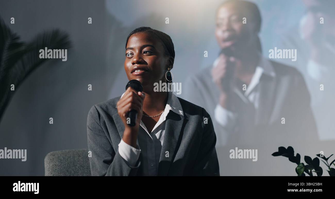 Stage, presenter and woman with mic, talking and smile for public ...