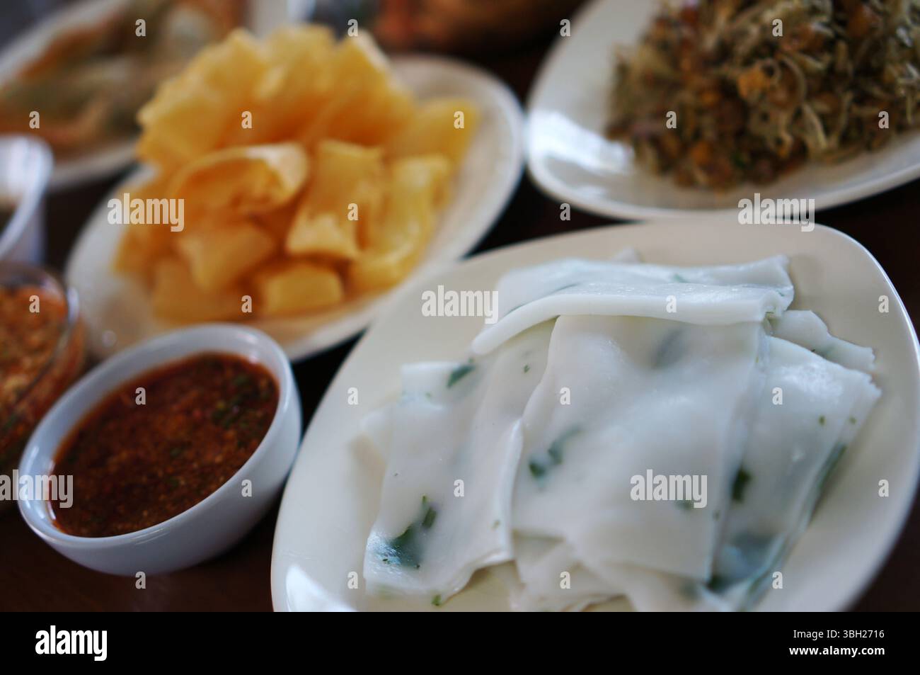 Flat rice Tai noodle with deep fried yellow tofu from Shan state ...