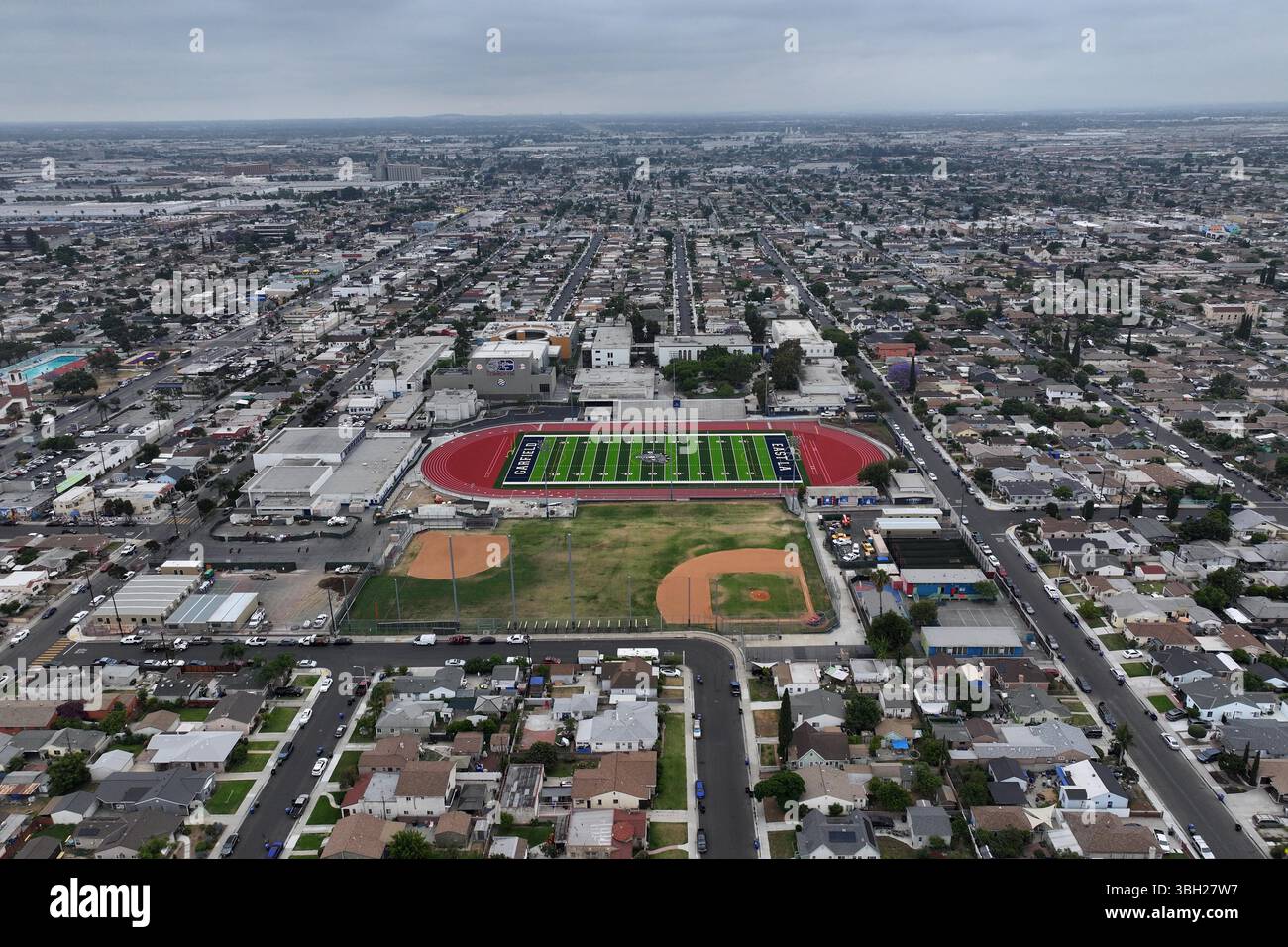 A general overall aerial view of the track and football field at ...