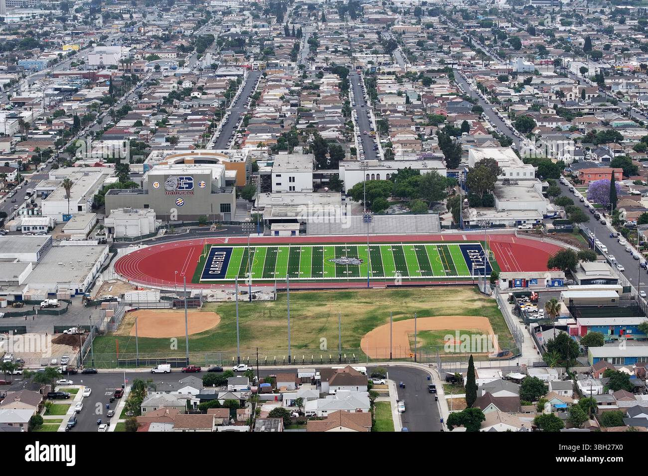 A general overall aerial view of the track and football field at ...