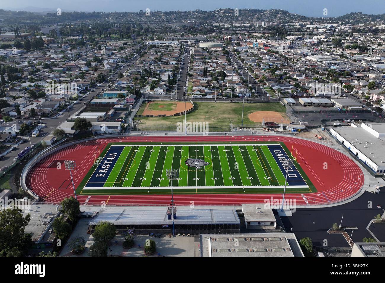 A general overall aerial view of the track and football field at ...