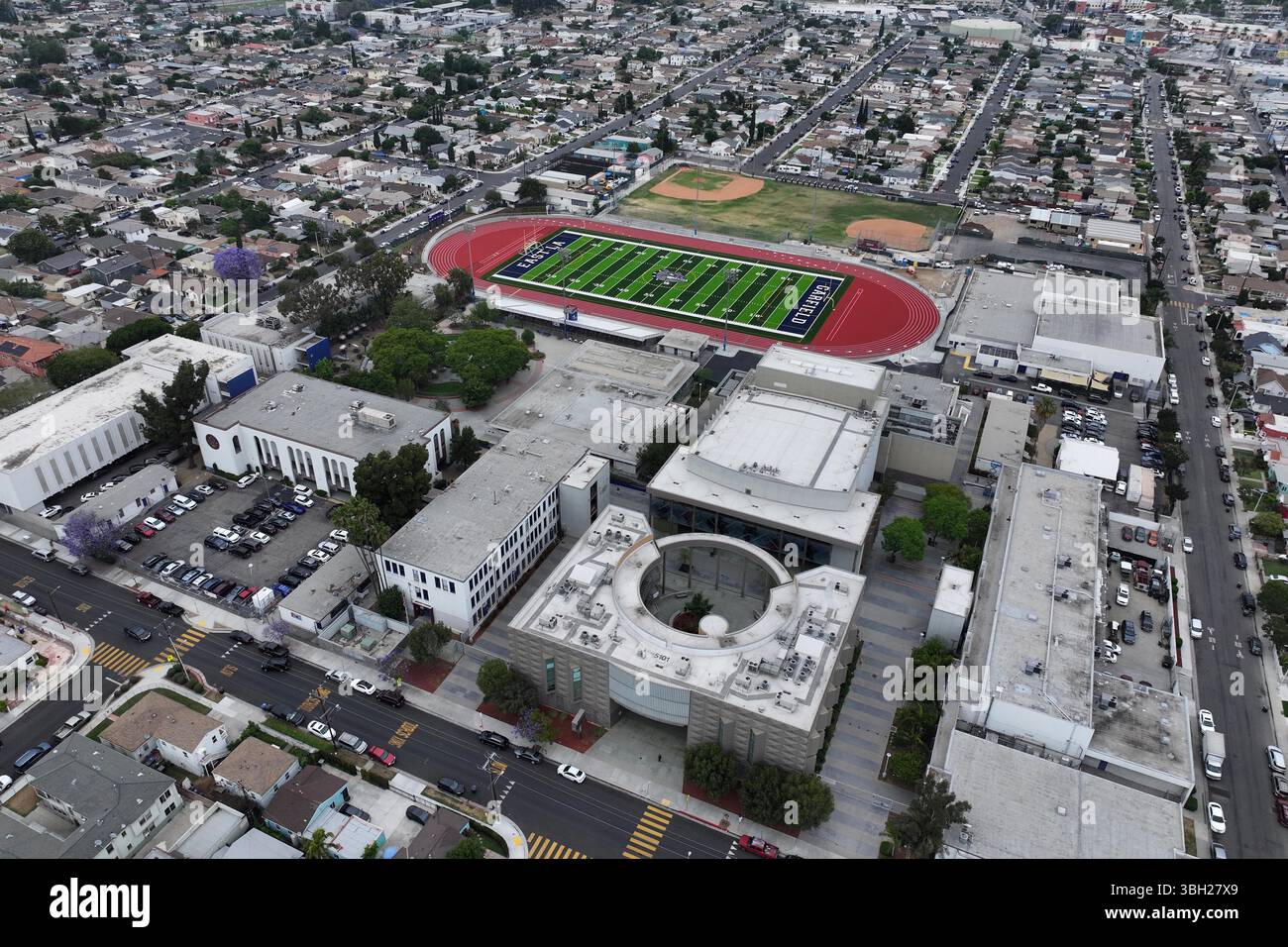 A general overall aerial view of the track and football field at ...