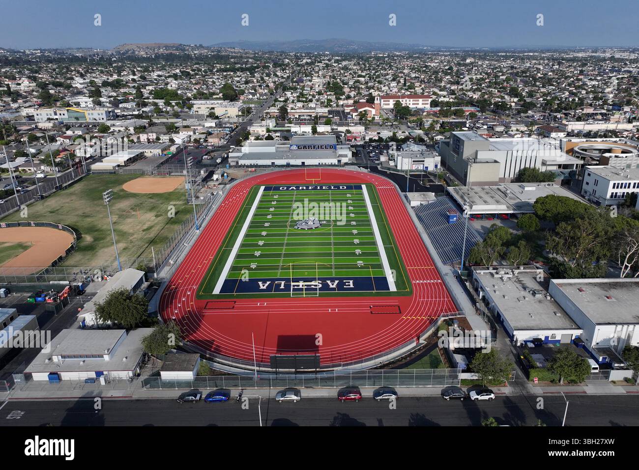 A general overall aerial view of the track and football field at ...