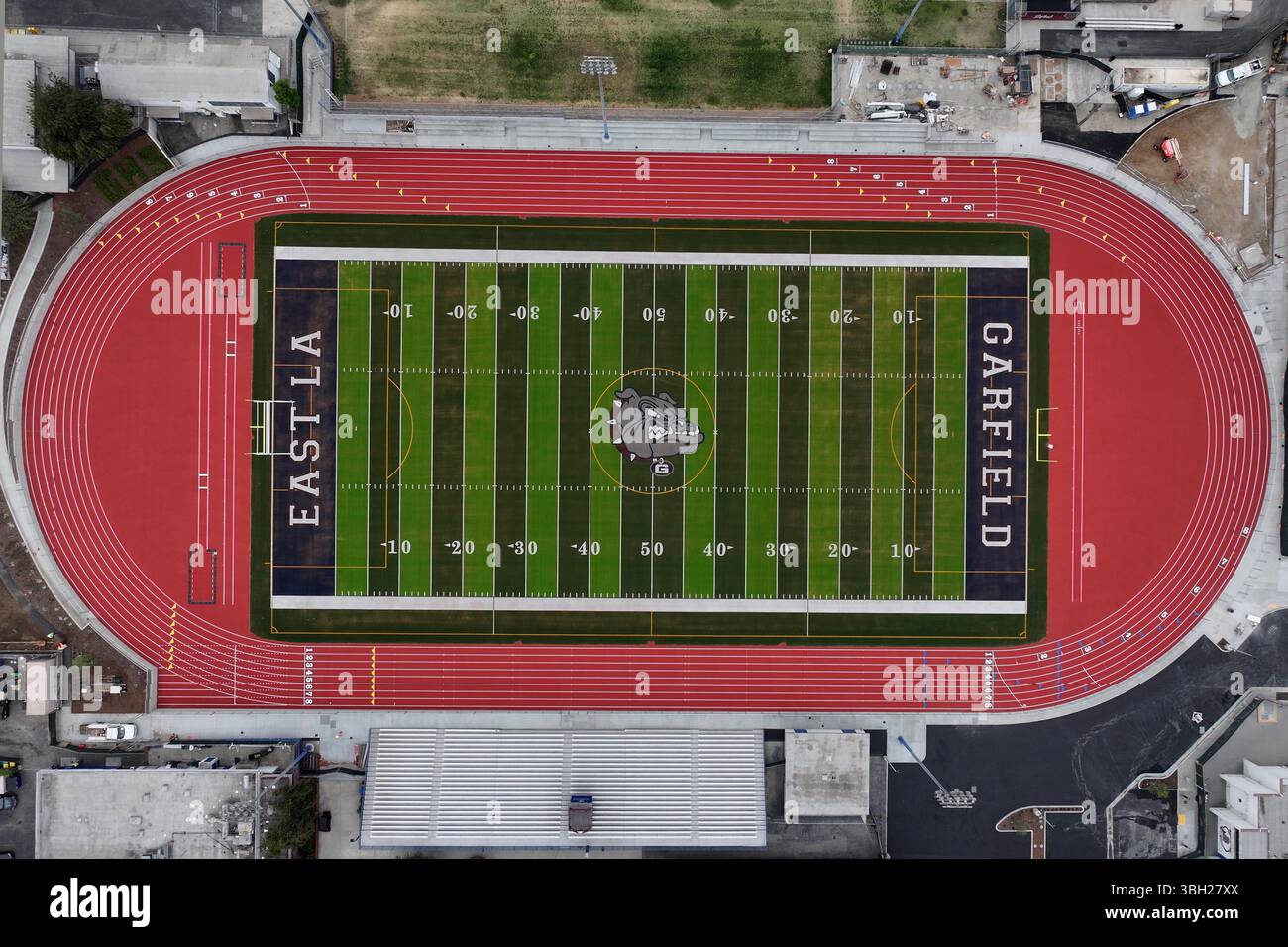 A general overall aerial view of the track and football field at ...