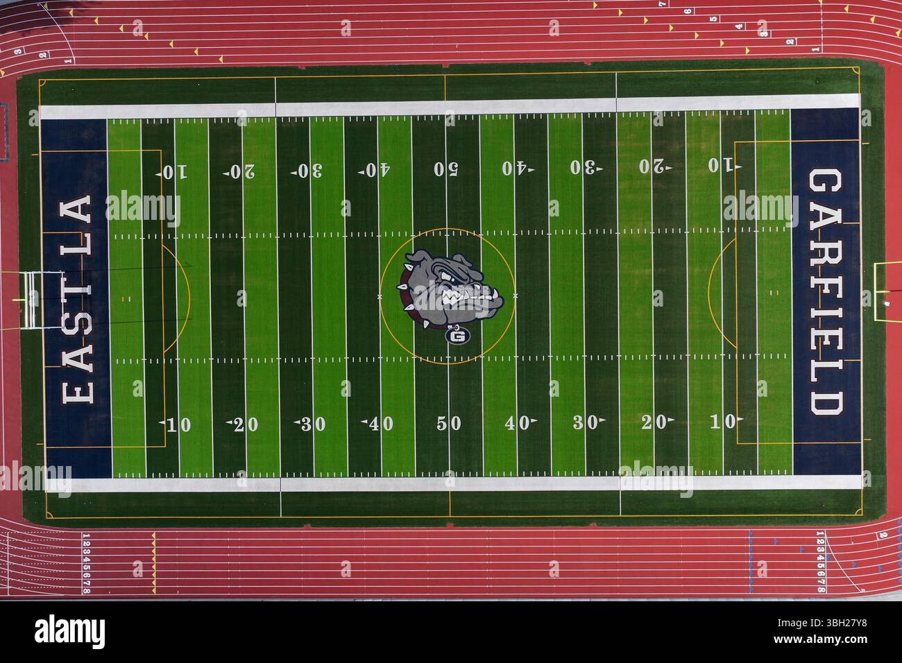 The Garfield Bulldogs logo on the football field at Garfield High ...