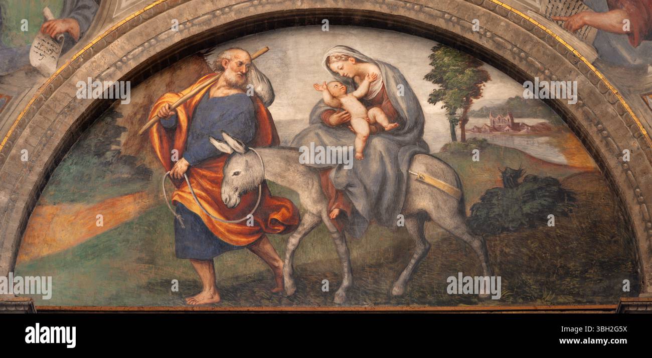 PIACENZA, ITALY - MAY 19, 2025: The renaissance fresco of Flight to ...