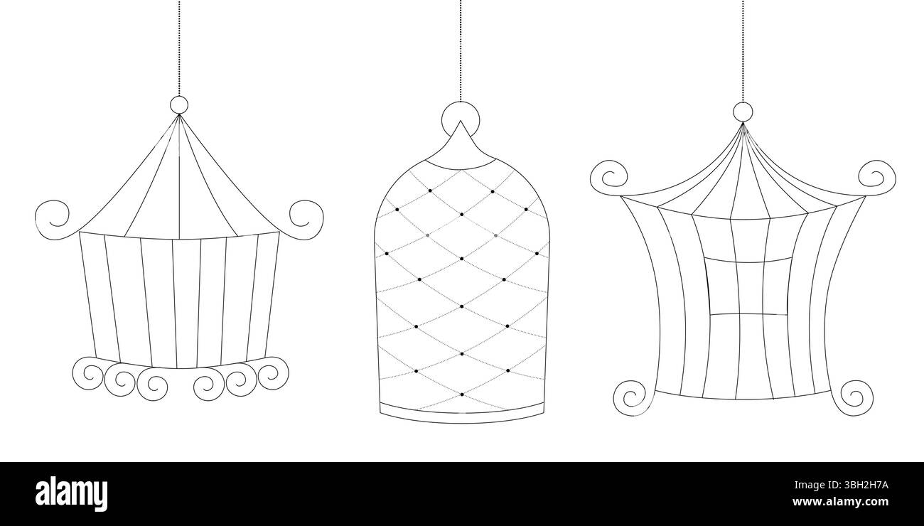 Line art sketch set of bird cages in doodle hand drawn style vector ...