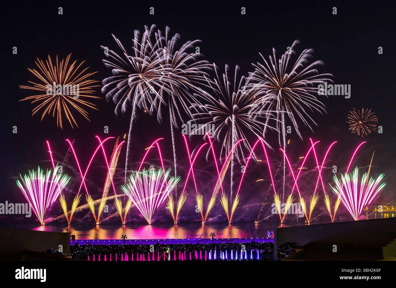 Doha, Qatar. 6th June, 2025. Fireworks light up the sky during the Eid ...