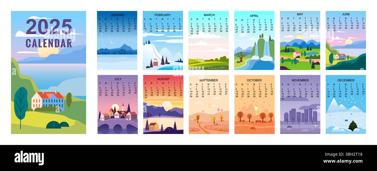 Monthly 2025 Calendar landscape natural background Stock Vector Image ...