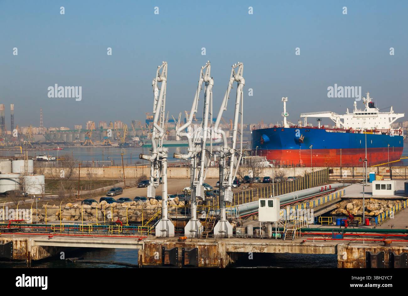 Tanker terminal in the port of Constanta Romania. Tanker berth with filling stations and a ...