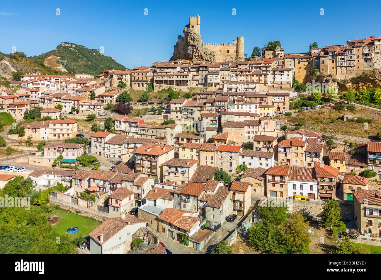 Aerial view of the medieval village of Frias, Burgos, Castilla Leon ...