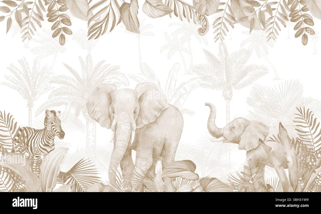 Classic Kids Decor: Elephant, Zebra in Subtle Brown Jungle Art Print ...