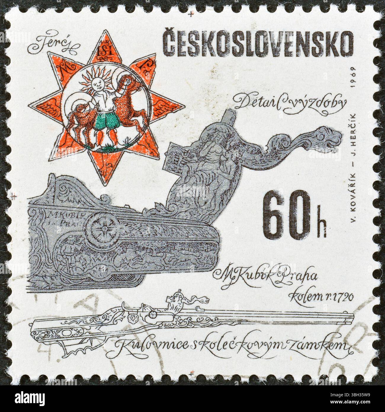 Cancelled postage stamp printed by Czechoslovakia, that shows Wheellock ...