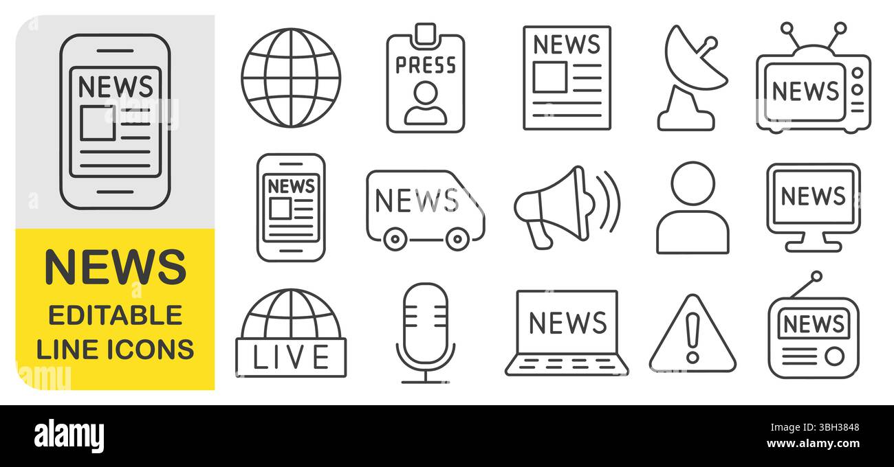 News report editable line icons set. Journalism newspaper logo sign ...