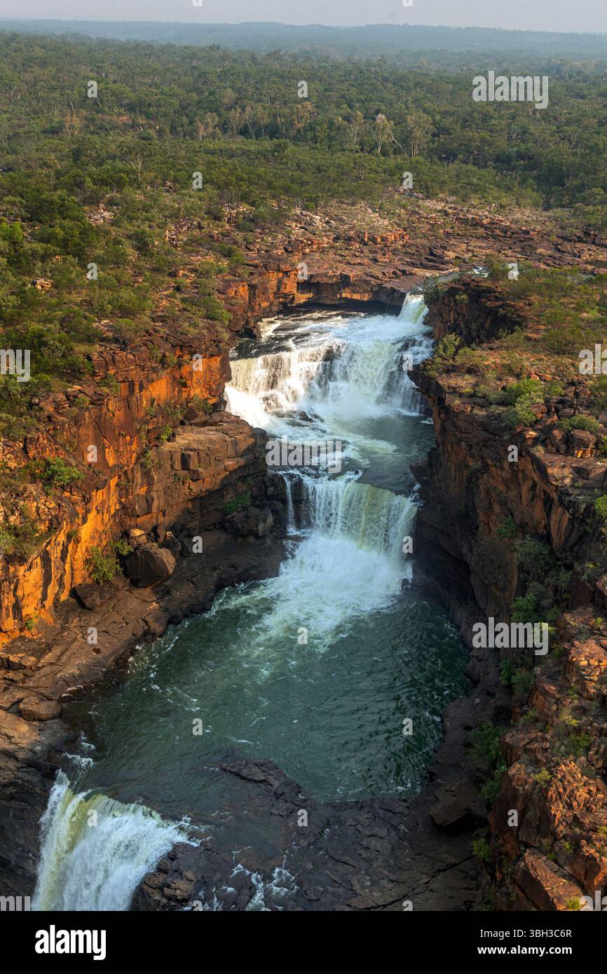An aerial portrait view of the Mitchell Falls on the Mitchell Plateau ...