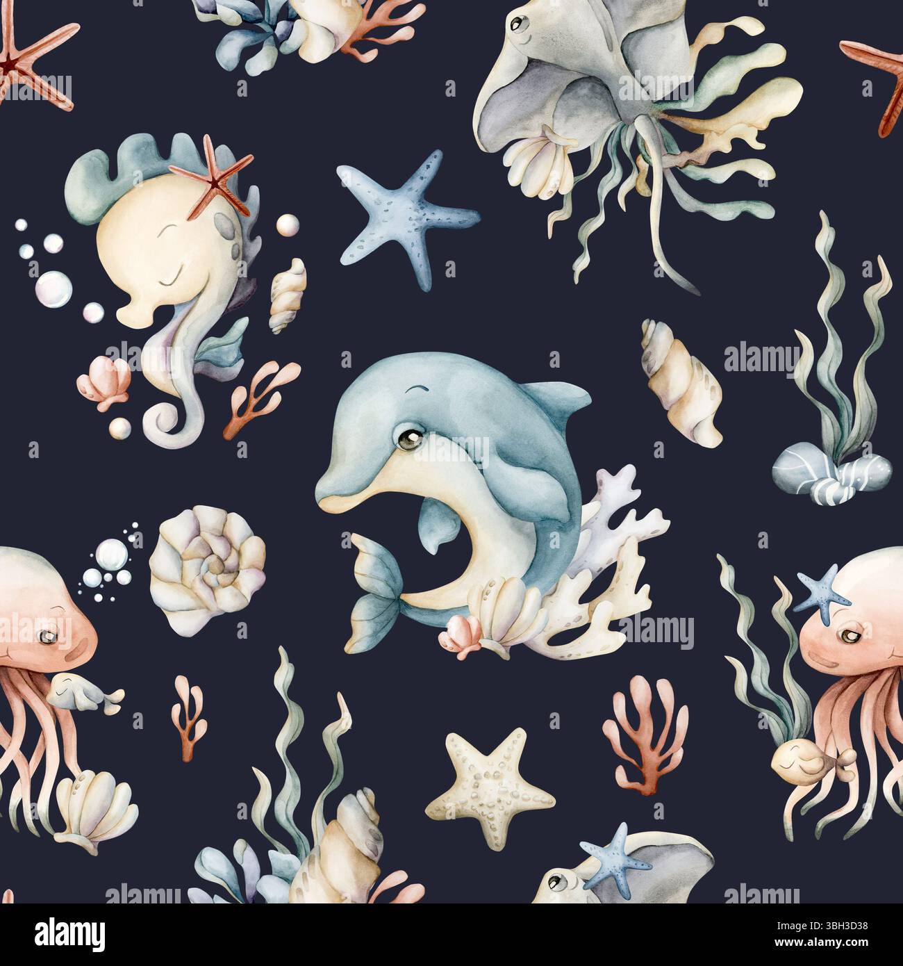 Cute sea animals and plants. Dolphin seahorse jellyfish stingray ...