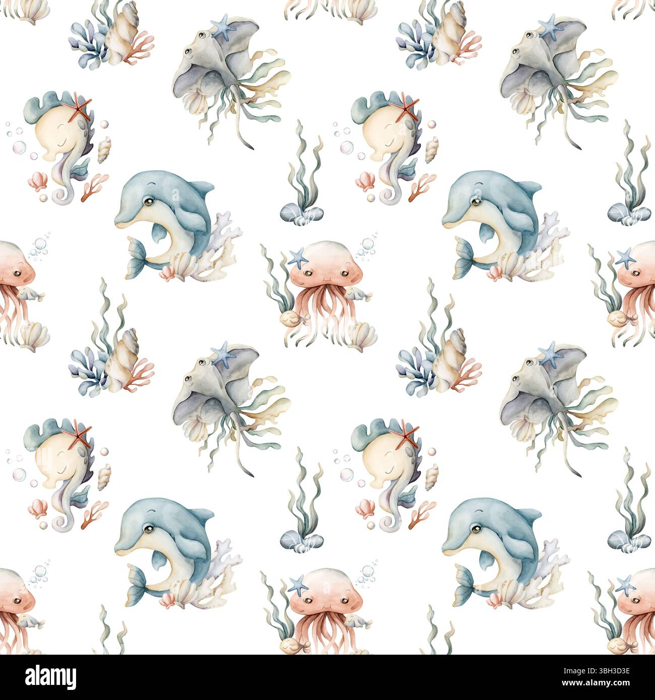 Cute sea animals and plants. Dolphin seahorse jellyfish stingray ...
