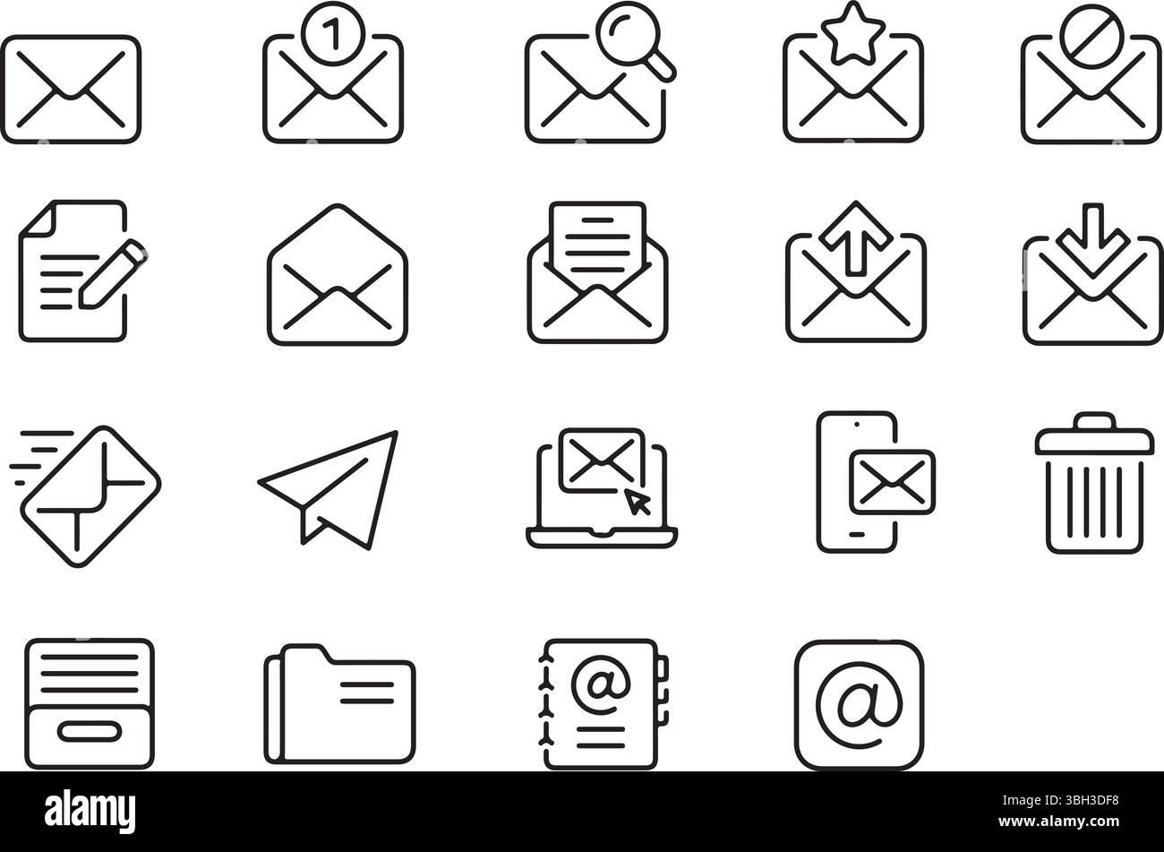 Thin line icon set of mail email e-mail communication sending receiving message. Symbol ...