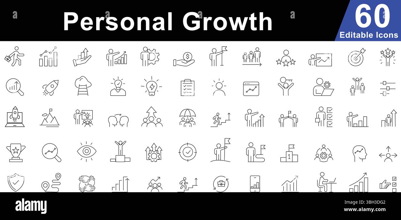 Personal Growth Line Icons Set - Self-Improvement, Development, Success and Achievement Symbols ...
