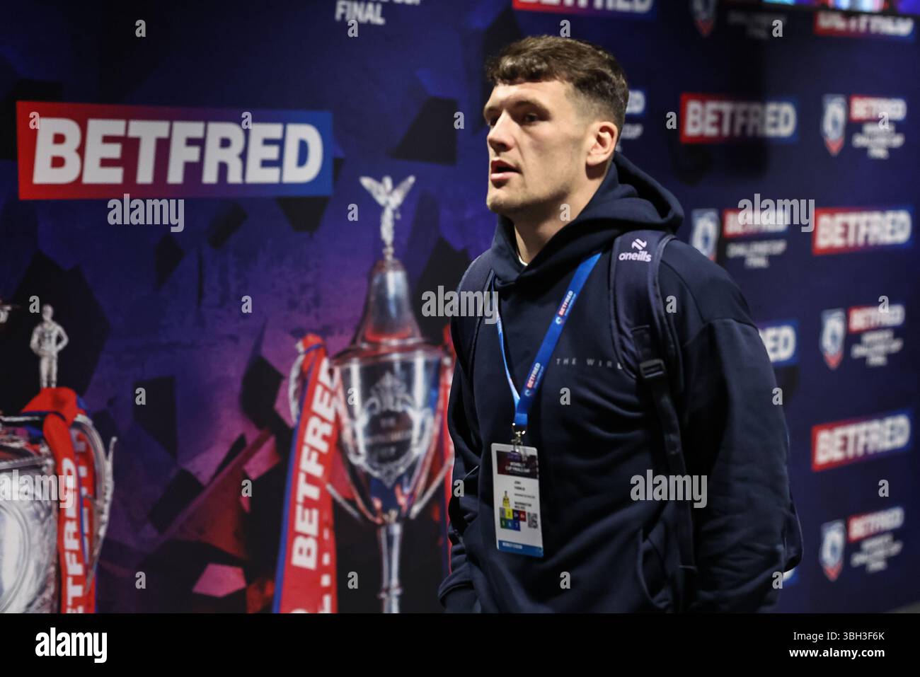 Josh Thewlis of Warrington Wolves arrives during the Betfred Challenge ...