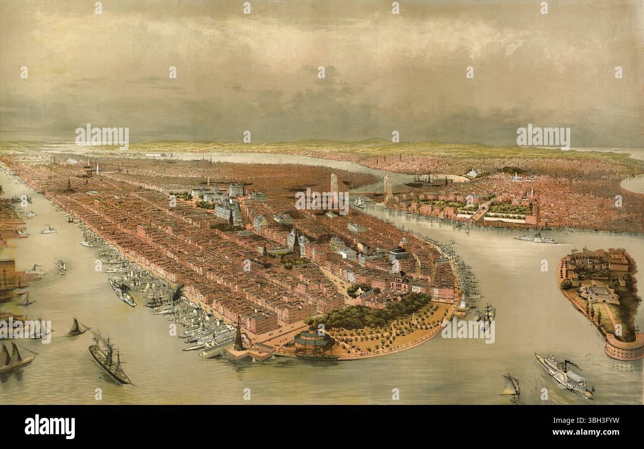 Historic view of Manhattan and the early New York City skyline in the ...