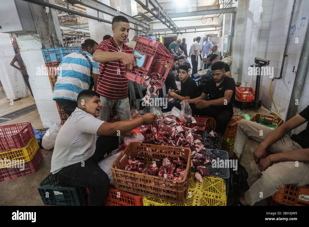 Nablus, Palestine. 07th June, 2025. Palestinians pack the meat of ...