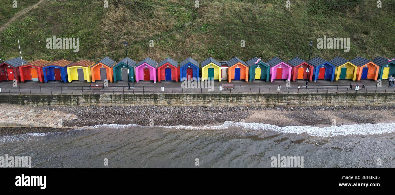 aerial view of Saltburn by the Sea, lower promenade beach huts British ...