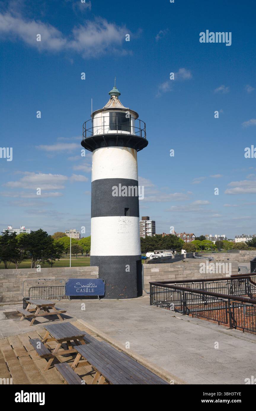 Black and white striped lighthouse at Southsea castle in Portsmouth ...