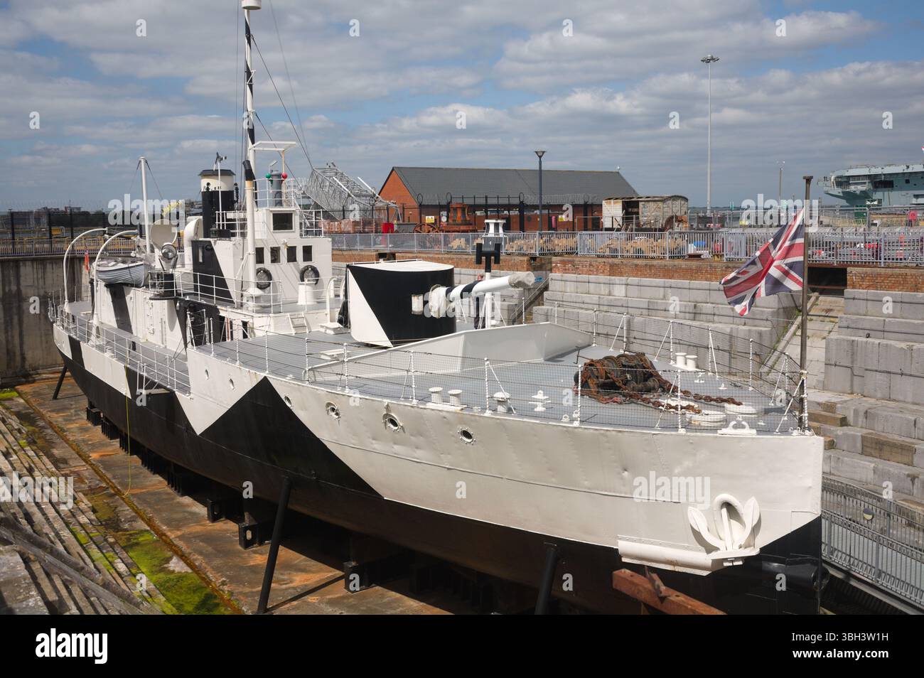 Preserved World War I warship HMS M.33 in dry dock at Portsmouth ...