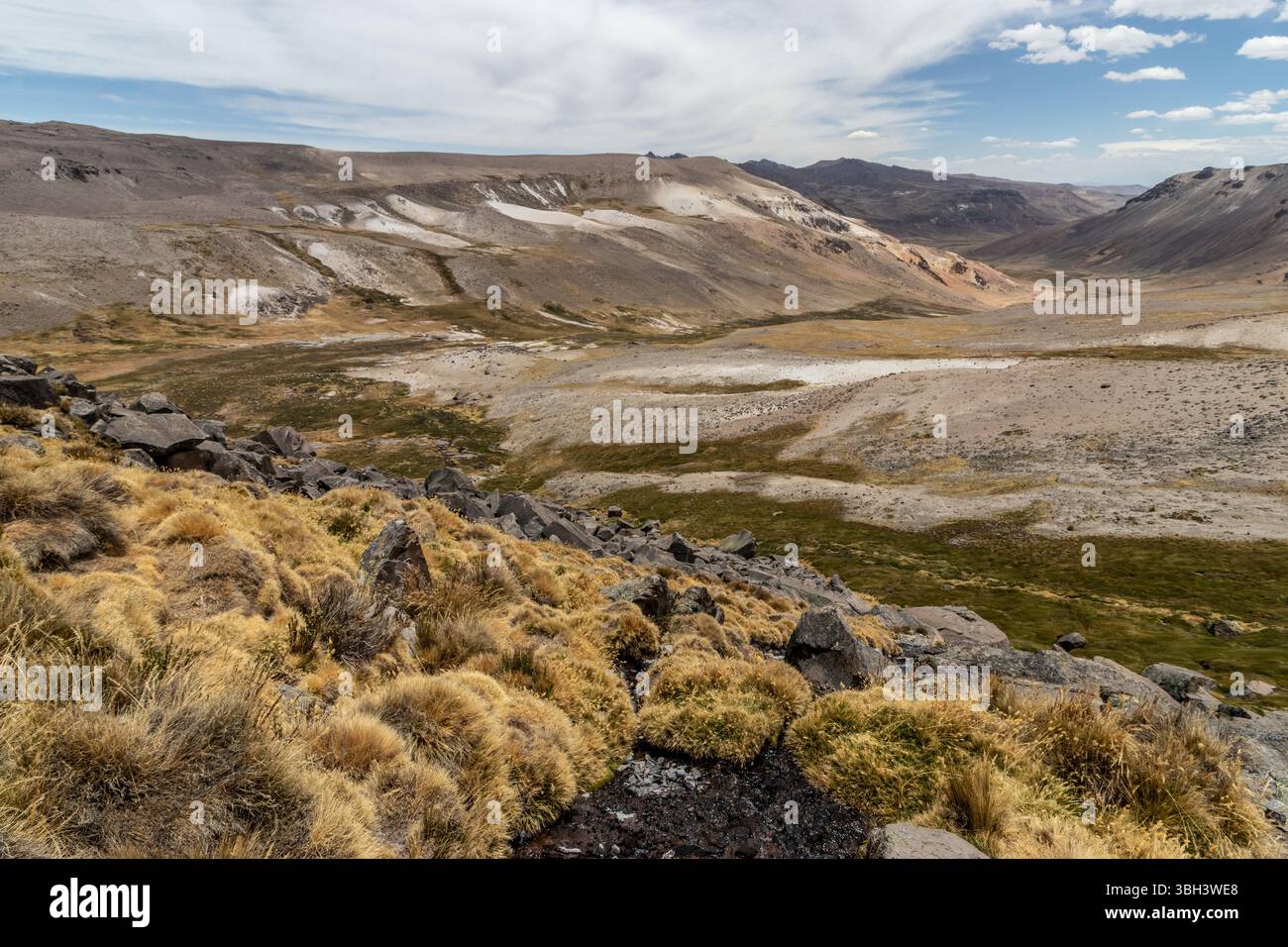Mountain landscape near the Source of the Amazon river at Mismi volcano ...