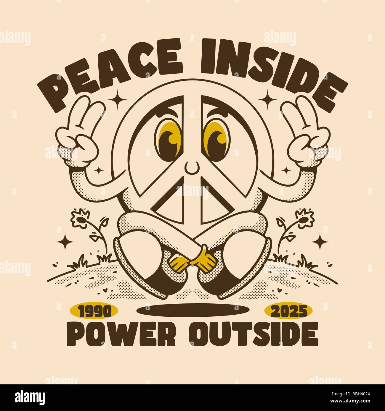 Funny retro peace character with double gesture meditating in a relaxed ...