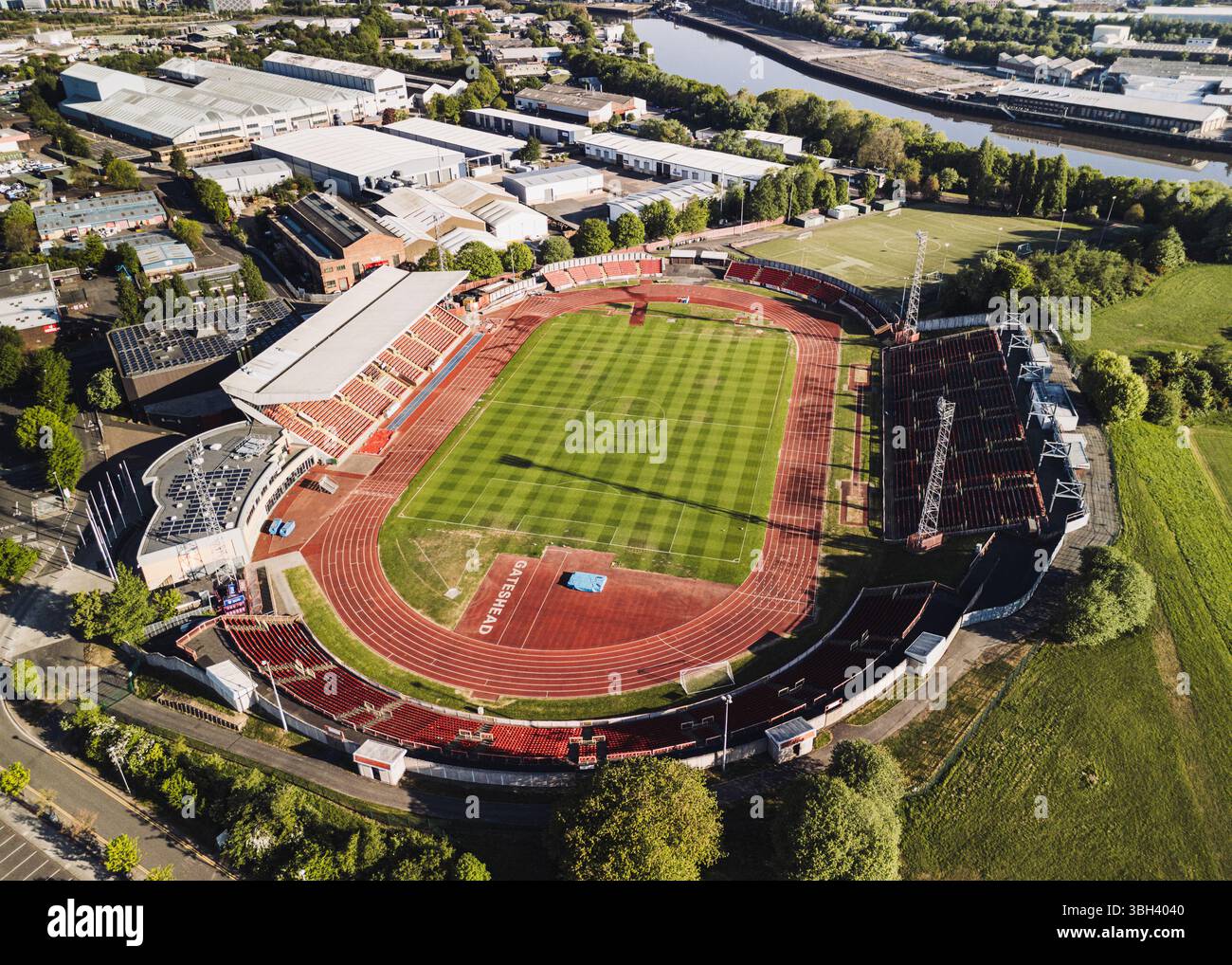 Gateshead UK: 10th May 2025: Drone view point of Gateshead Stadium from ...