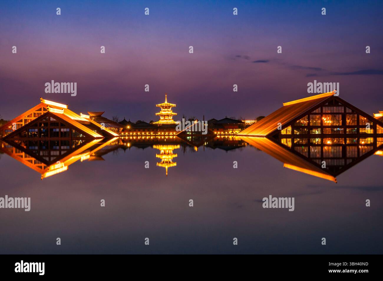 The pagoda and sunken museum building at Guangfulin at sunset. The ...