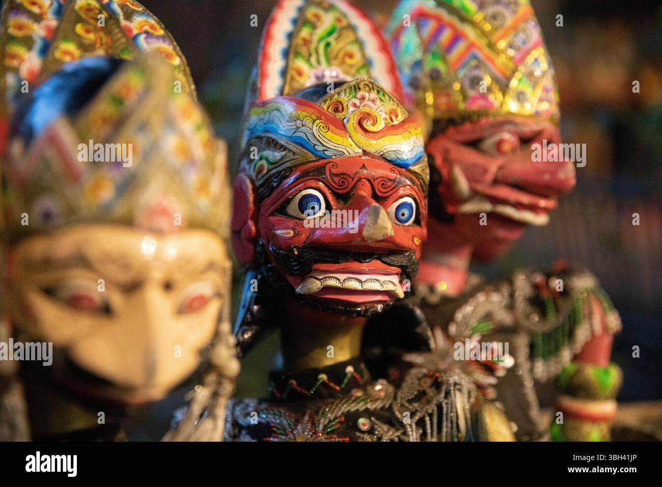 Traditional Javanese wooden puppets called Wayang displayed in Jakarta ...