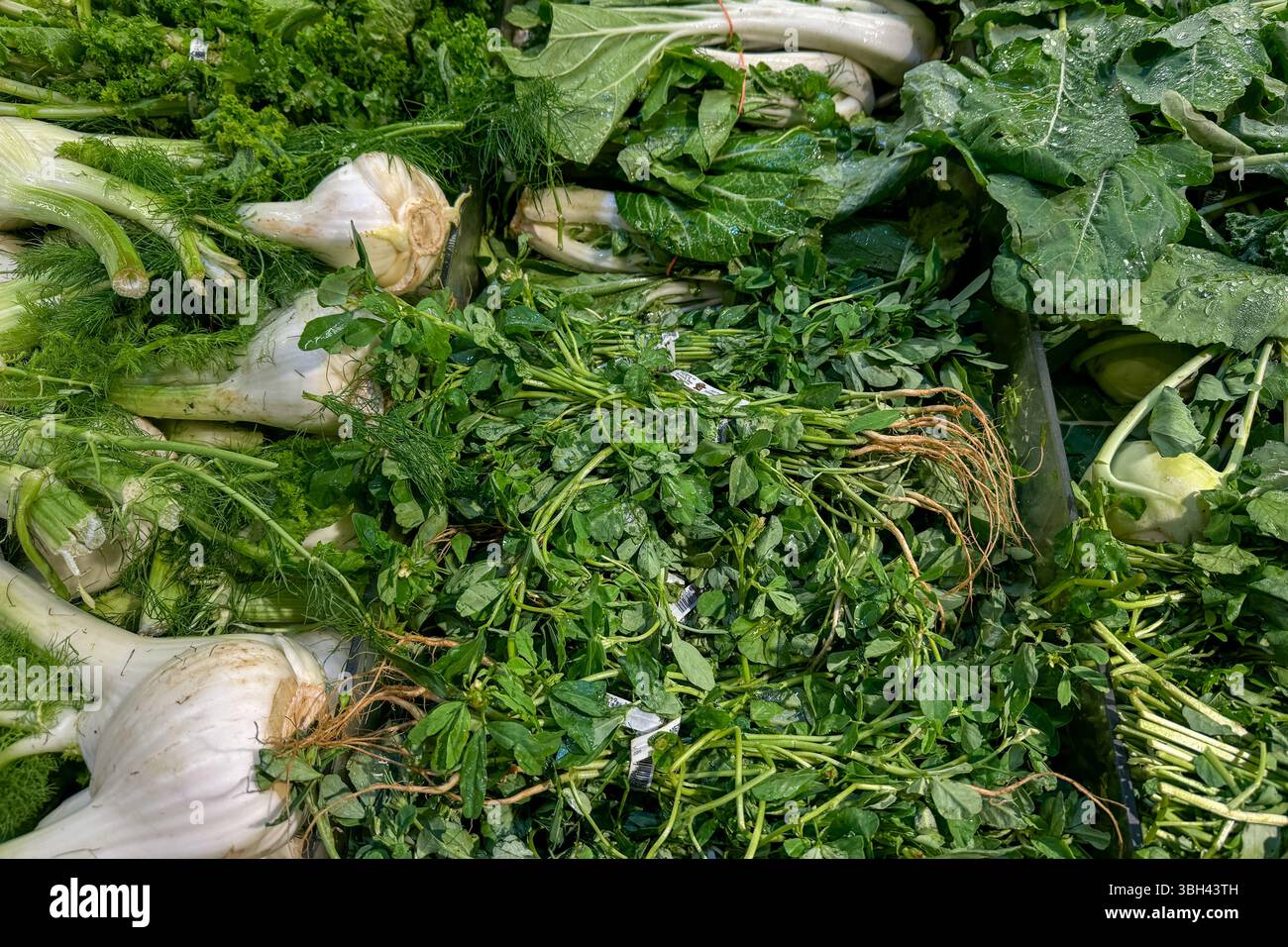 Fresh bundles of leafy greens and root vegetables are displayed in a ...