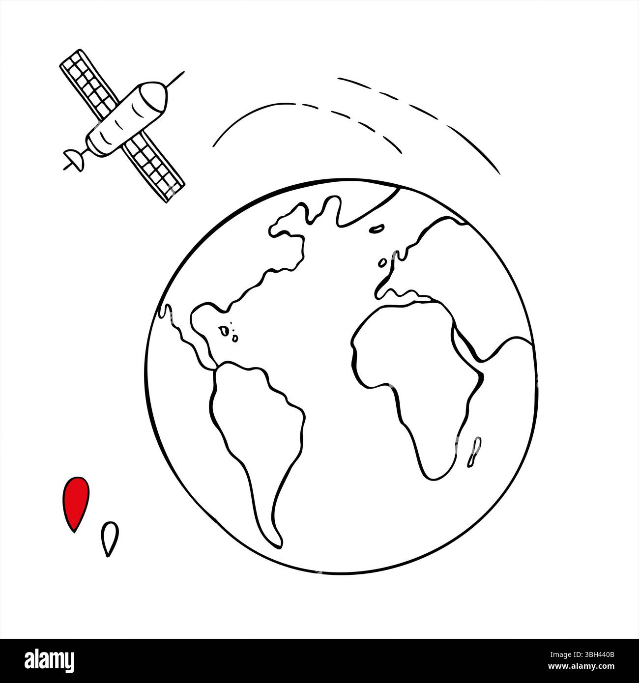 Earth globe, space satellite and location icons vector set line art ...