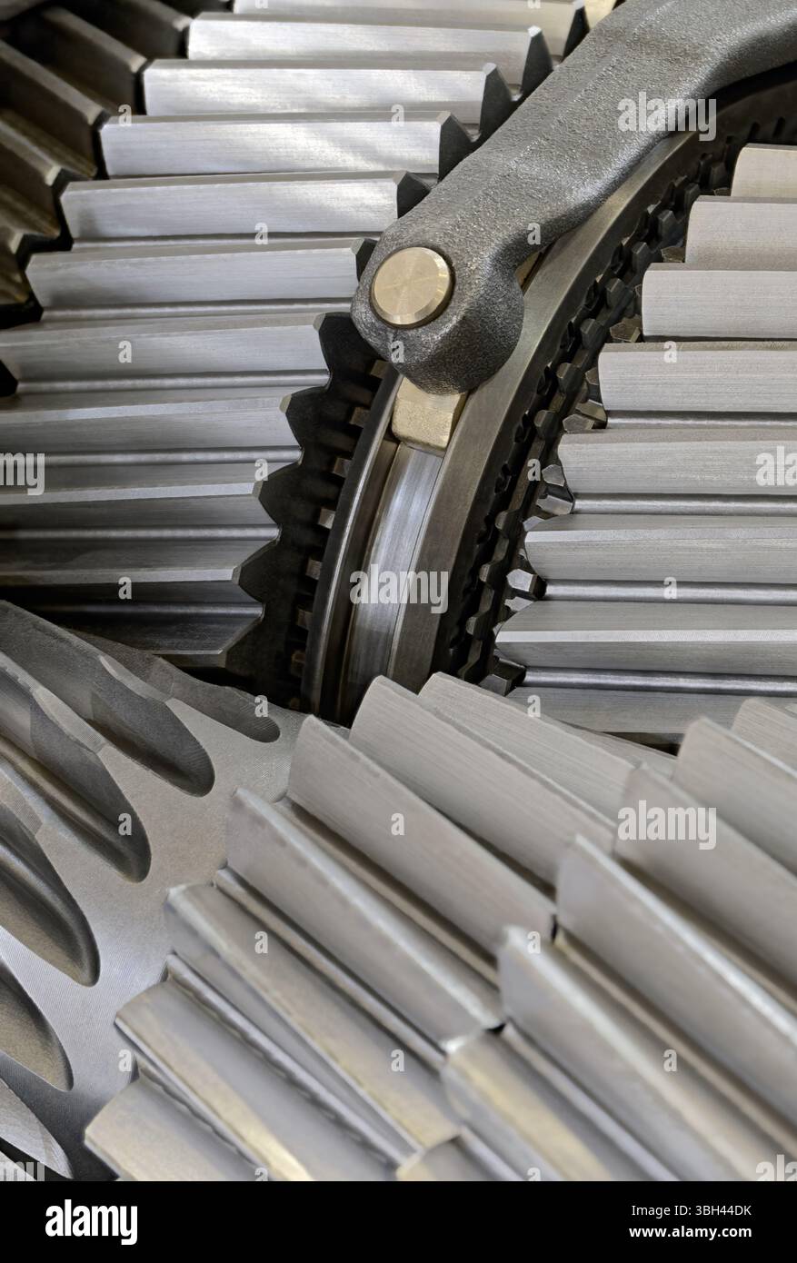 Group of gears inside the gearbox, close up shot, abstract industrial ...