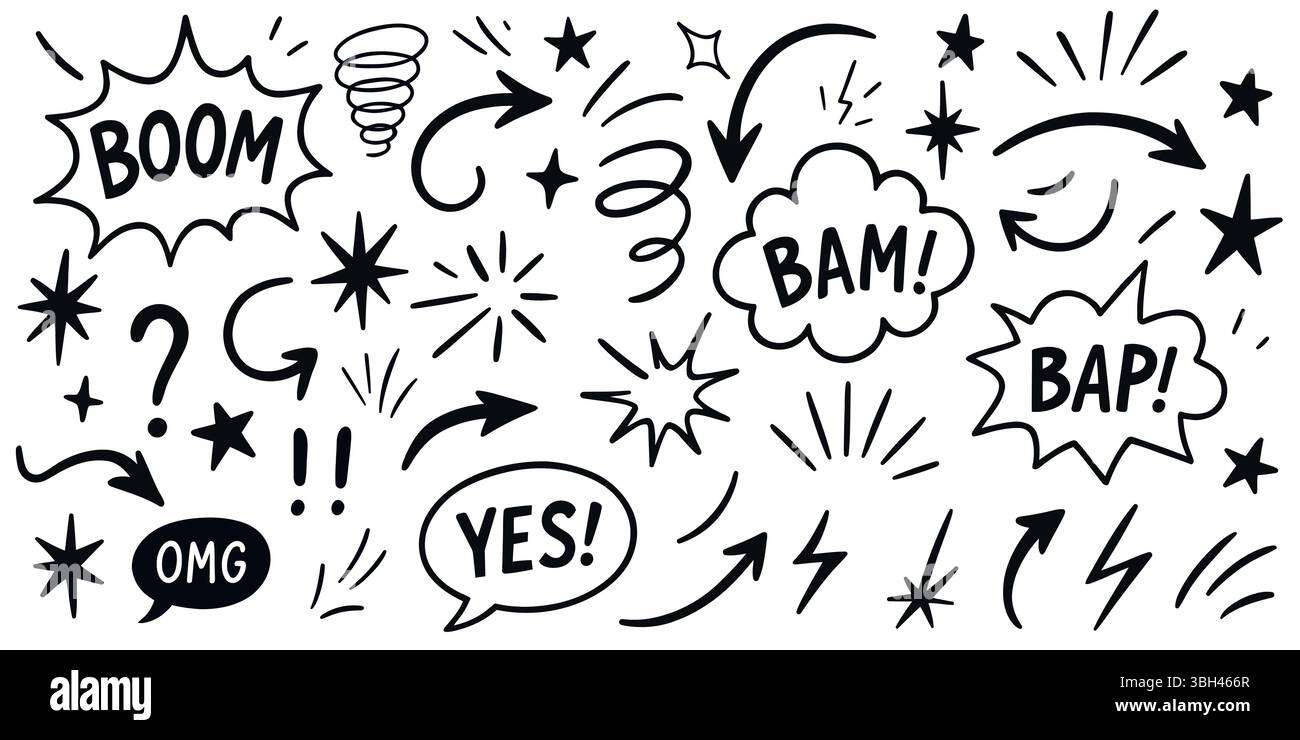 Hand drawn set of comics bombs and explosions. Speech bubbles with words pow, wow, bang and boom ...