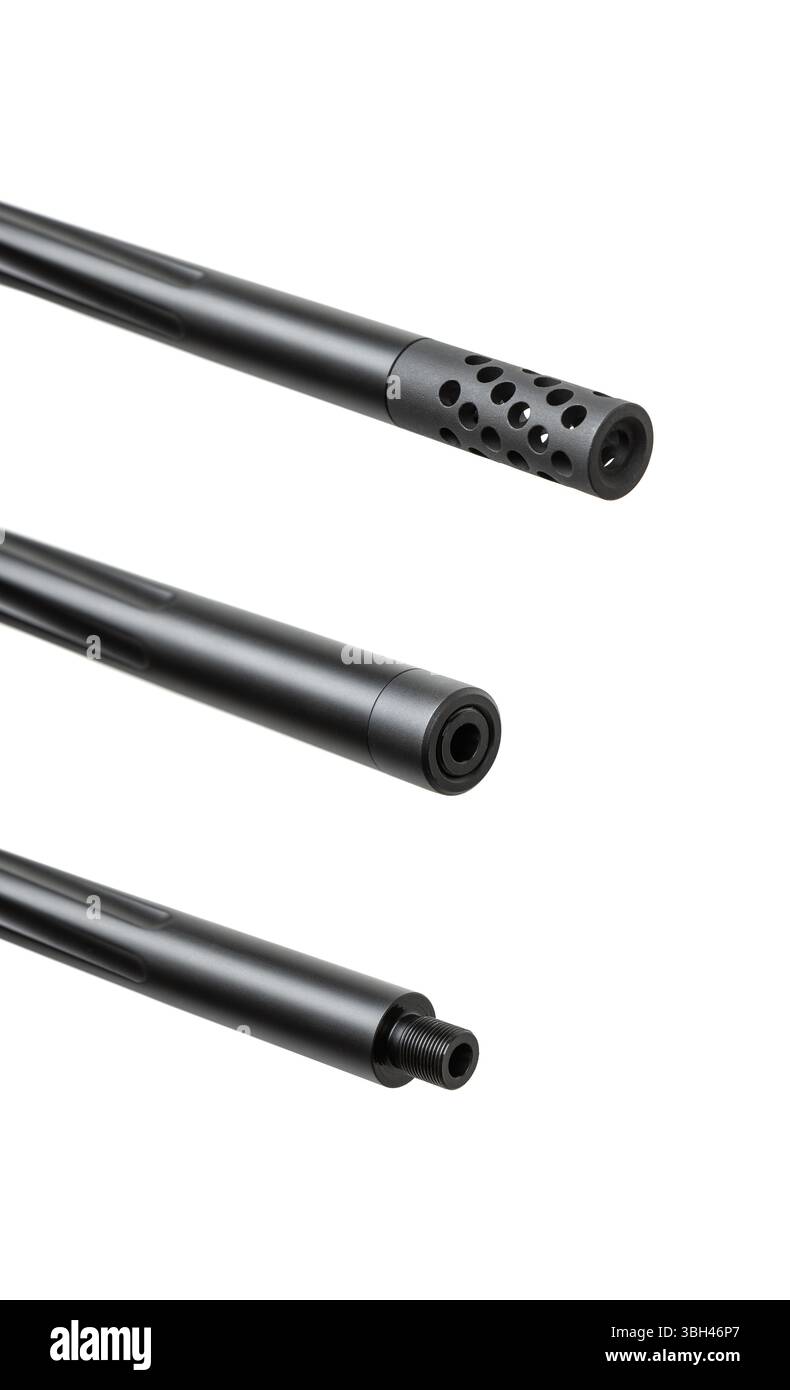 Three configurations of a rifle barrel muzzle, including a muzzle brake ...