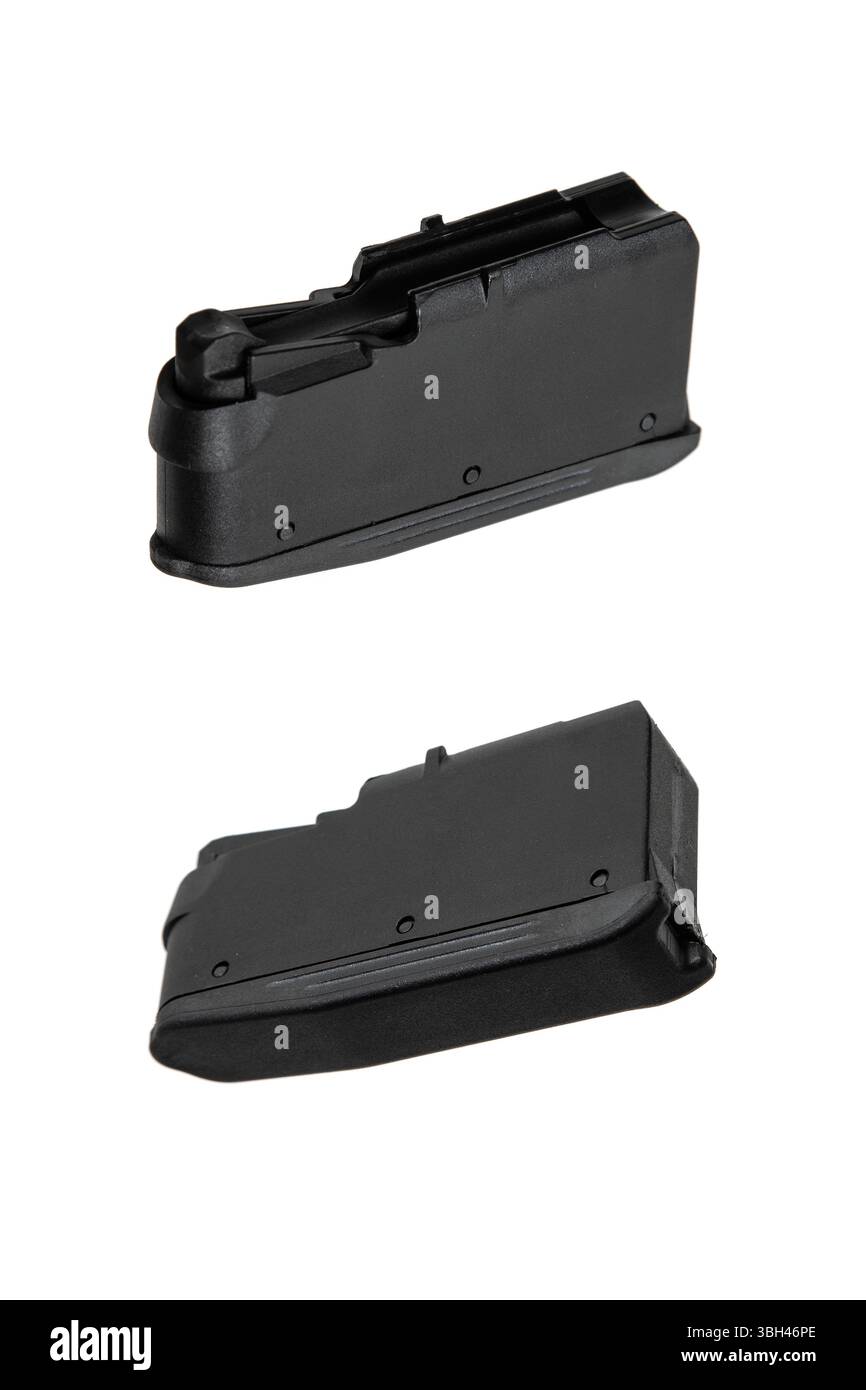 Two detachable rifle magazines isolated on white background, shown from ...