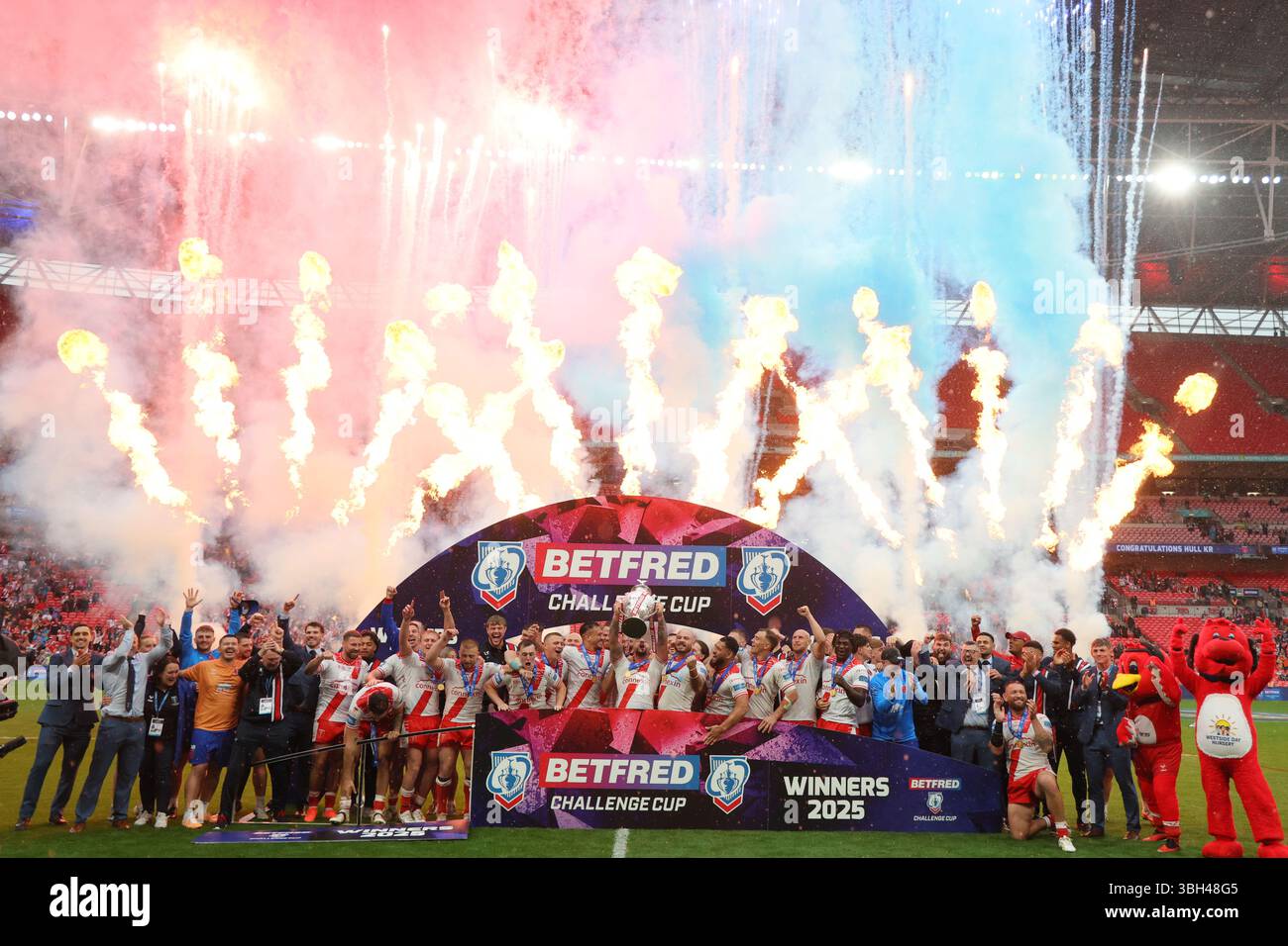 Hull Kingston Rovers players celebrate with the trophy after the ...