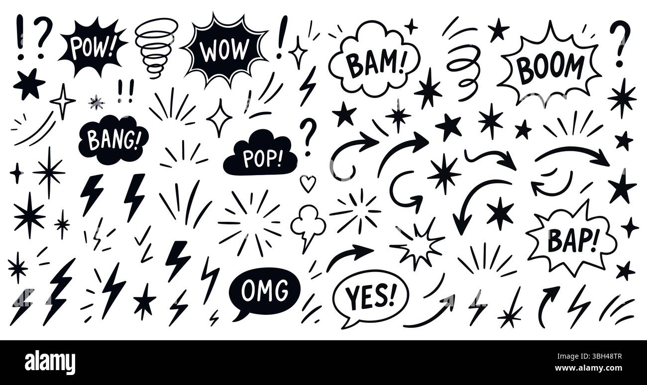 Hand drawn set of comics bombs and explosions. Speech bubbles with words pow, wow, bang and boom ...