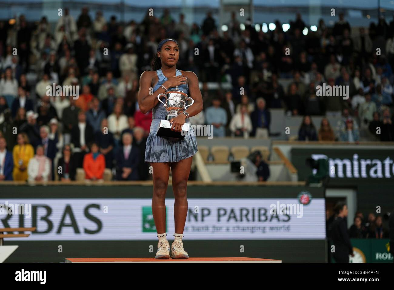 Coco Gauff of the U.S. celebrates with the trophy as she won the final ...