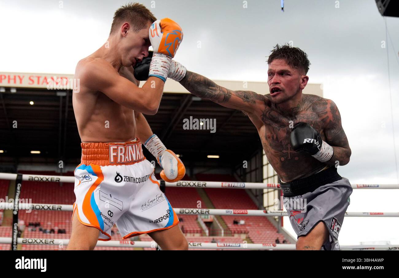 Frankie Stringer (left) in action against Kane Baker (right) at Oakwell Stadium, Barnsley ...