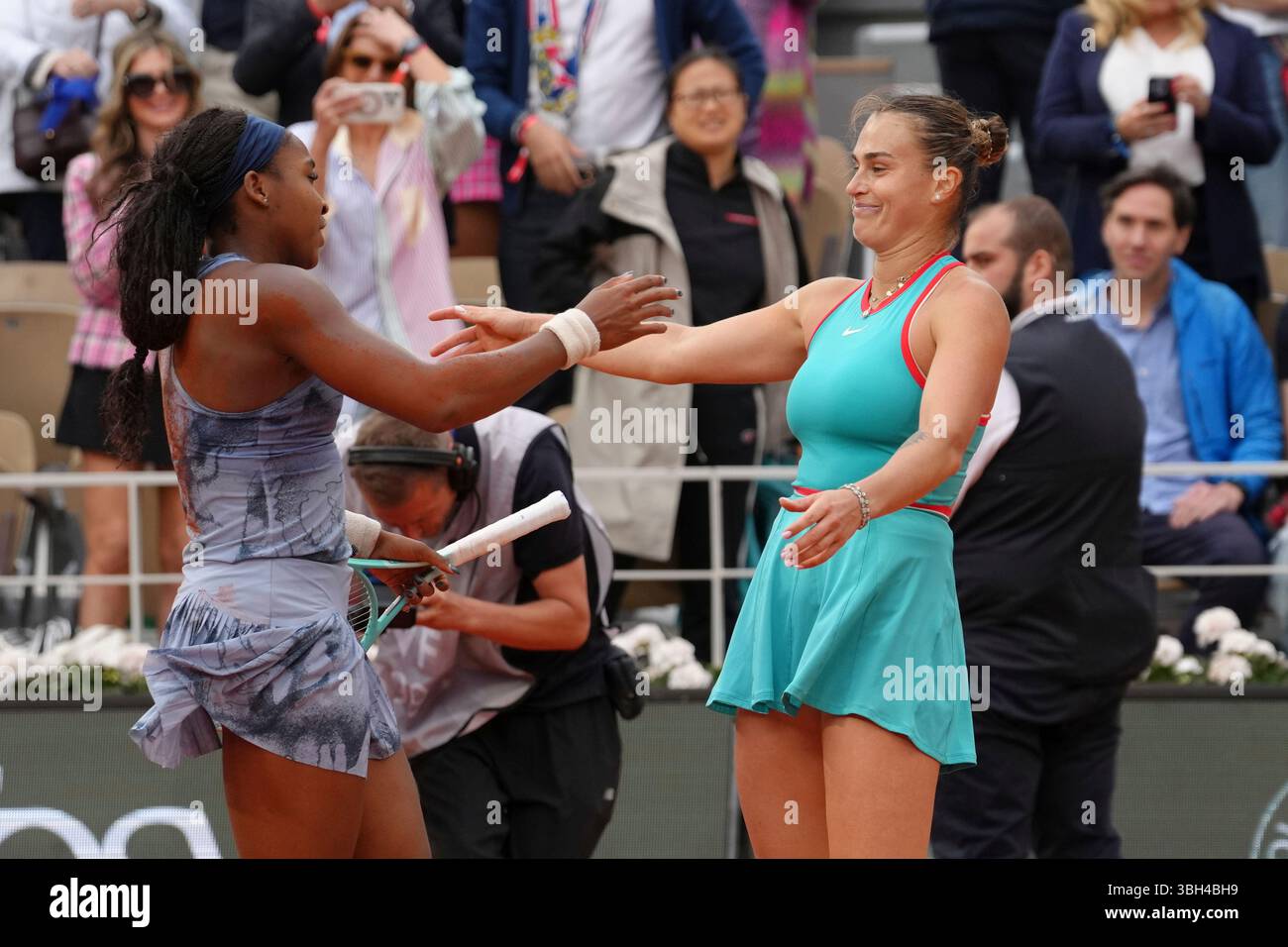 Winner Coco Gauff of the U.S., left, and Aryna Sabalenka of Belarus hug ...
